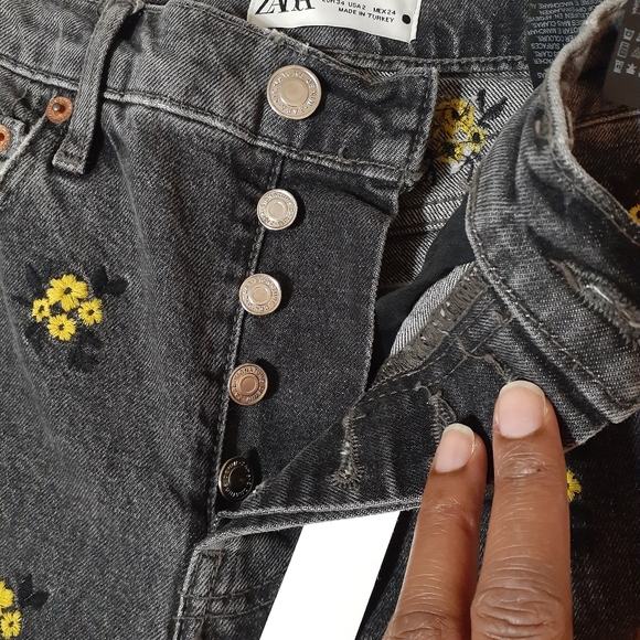Zara | Jeans | New Zara Yellow Floral Embroidery Blackgray Full Length ...